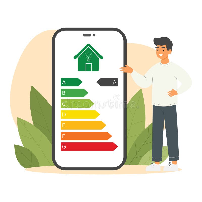Man Controls Energy Efficiency Usage with Mobile App. Energy Rating ...