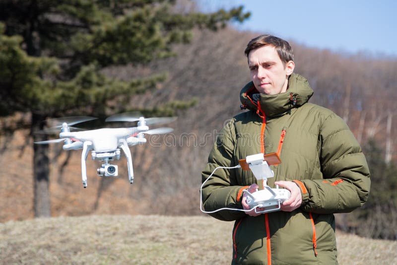 Man Controls the Drone in Open Terrain Stock Image - Image of flight ...