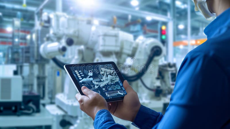 A Man Controls a Robot from a Tablet. Selective Focus Stock ...