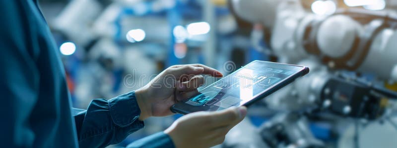 A Man Controls a Robot from a Tablet. Selective Focus Stock Image ...