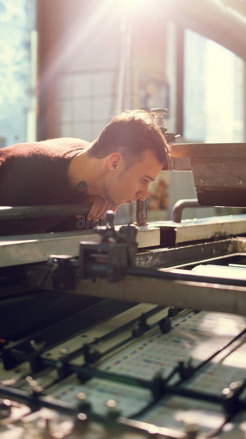 Man Controls Wide Industrial Printer in Workshop Stock Photo - Image of ...