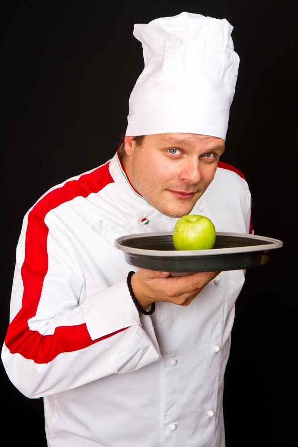 Man Cook in Chef Hat with Green Apple Stock Photo - Image of male ...