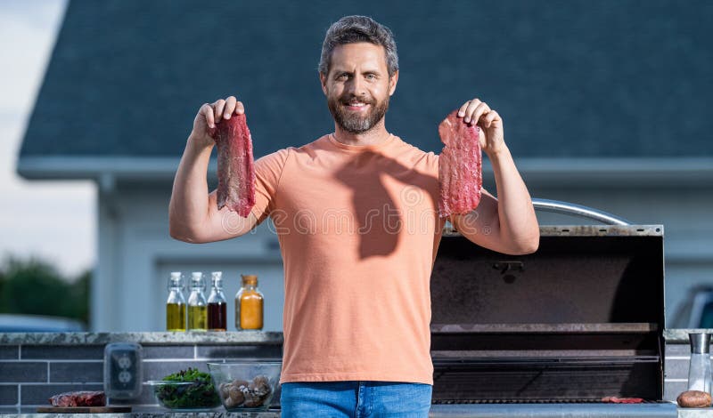 Man Cook Grilling Meat Steak on Bbq Outdoor Stock Image - Image of ...