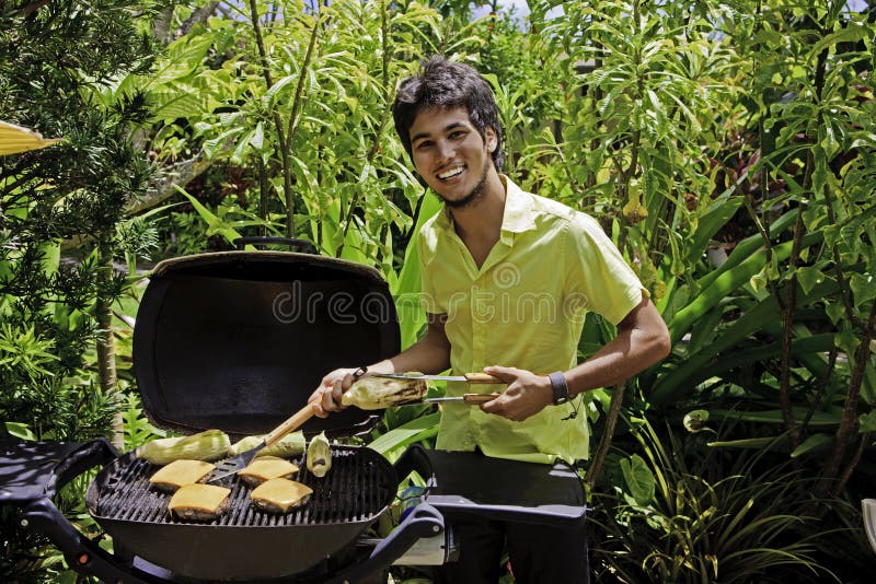 Asian Man Cooking on an Outdoor Grill Stock Image - Image of mixed ...
