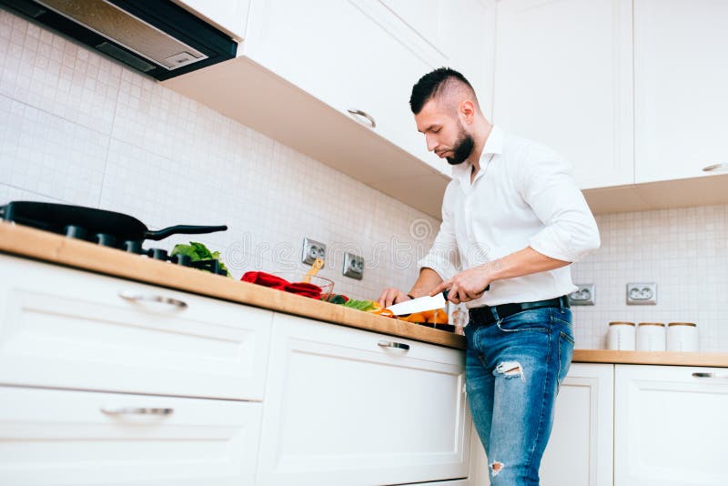 Kitchen Chef, Master Cook Preparing Dinner. Details of Knife Cutting ...