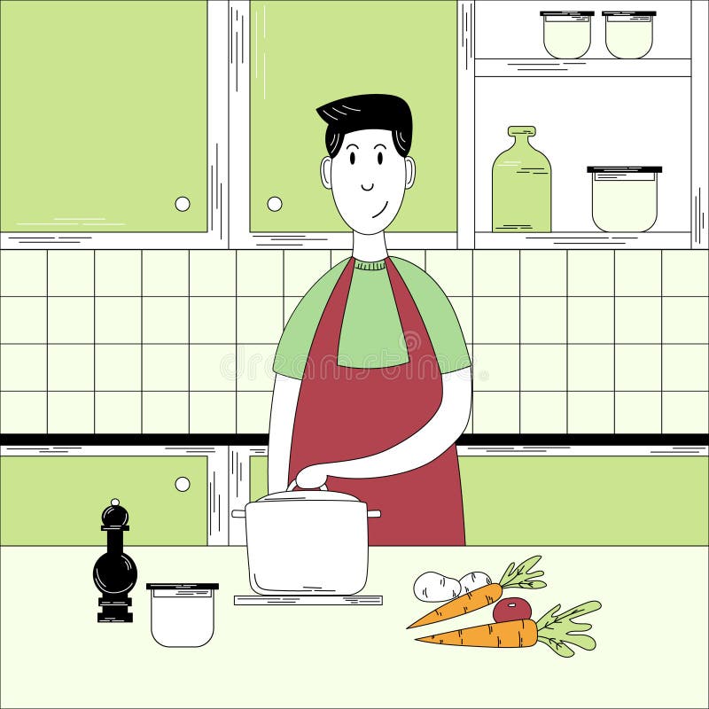 The Man is Cooking in the Kitchen. Kitchen Interior. Flat Cartoon ...