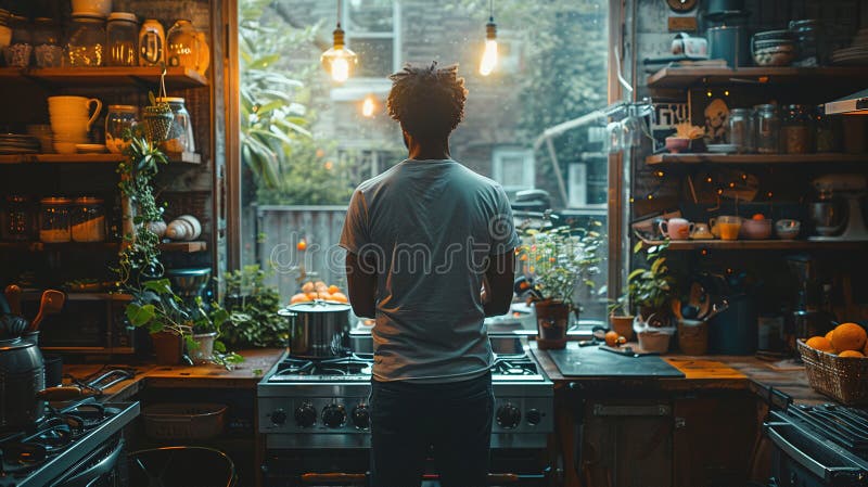 Man Cooking in Kitchen Looking Out Window Stock Illustration ...