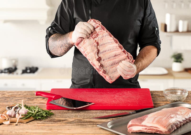 Man Cooking Meat Steak on Kitchen Stock Image - Image of background ...