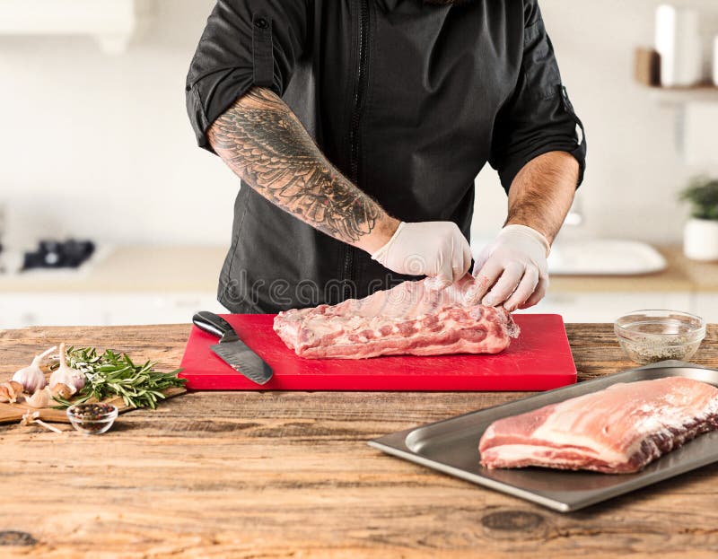 Man Cooking Meat Steak on Kitchen Stock Photo - Image of pepper, chef ...