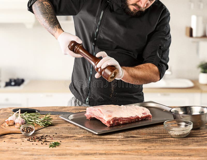 Man Cooking Meat Steak on Kitchen Stock Image - Image of dinner ...