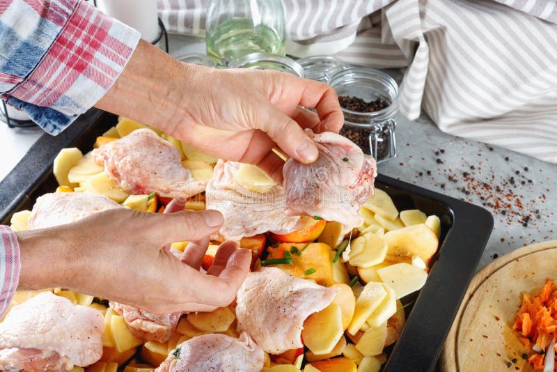 Man Cooks Chicken with Vegetables and Spices Stock Image - Image of ...