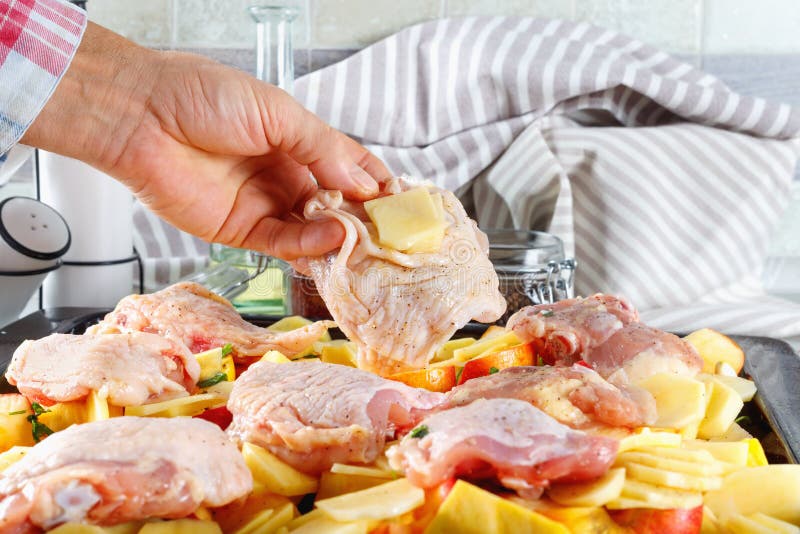 Man Cooks Chicken with Vegetables and Spices Stock Photo - Image of ...