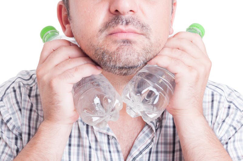Man Cooling His Neck Using Cold Water Plastic Bottles Stock Image ...