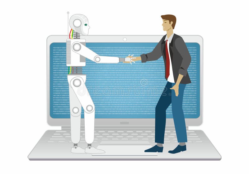 Man in Cooperation with AI Robot. Shaking Hands in Front of Laptop ...