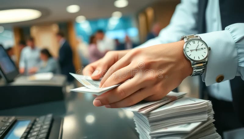 A Man is at a Counter with a Stack of Money and a Watch Stock Photo ...