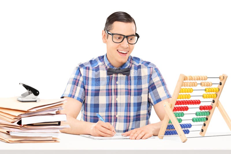 Man Counting on Abacus and Writing Down Some Notes Stock Image - Image ...