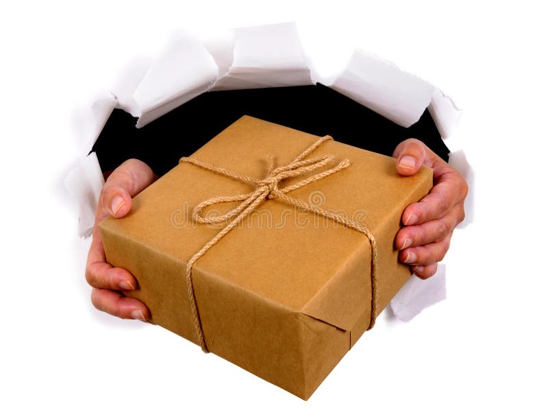 Man or Courier Hands Delivering or Giving Parcel through Torn White ...