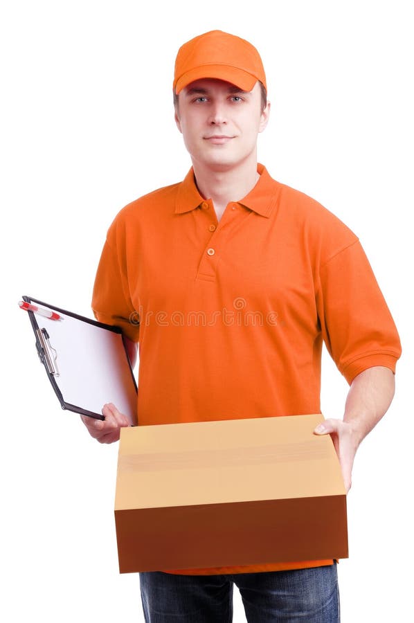 Man courier in orange stock image. Image of polo, form - 18597065