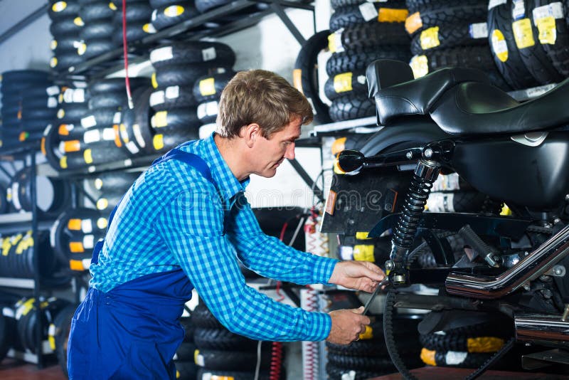 Man in Coveralls Checking Motorcycle Stock Image - Image of fitting ...