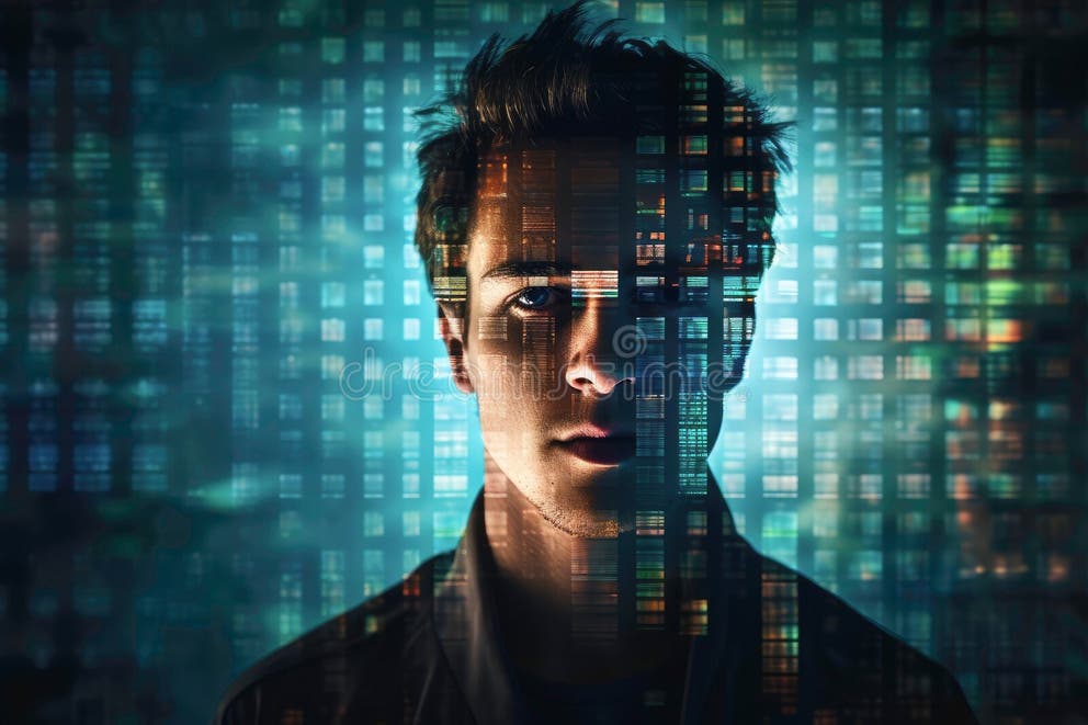 Man Covered with Digital Characters. Artificial Intelligence Model. Human Avatar. Face ...