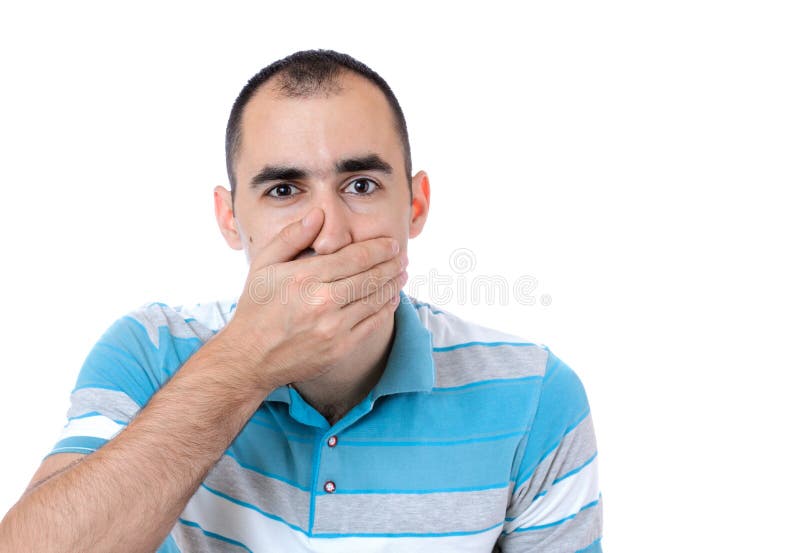 Man Covering His Mouth with His Hands. Stock Photo - Image of emotion ...