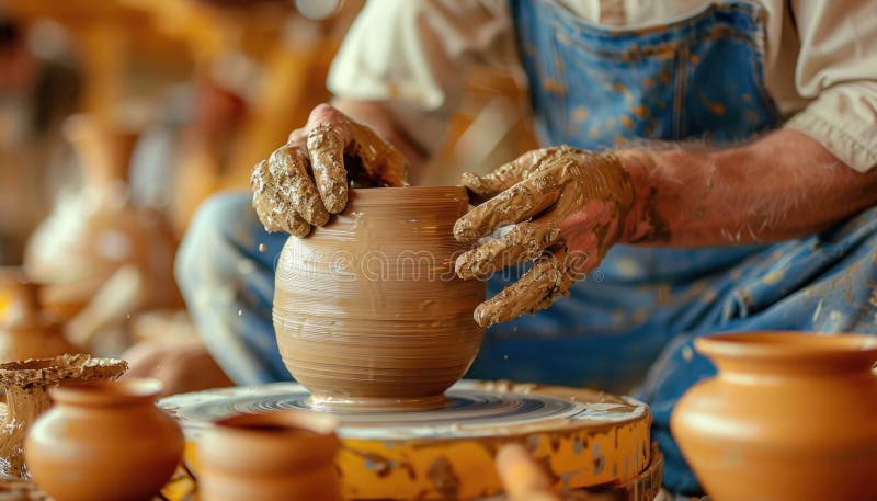 A Man Crafts Clay Pots on a Pottery Wheel To Make Artistic Tableware ...