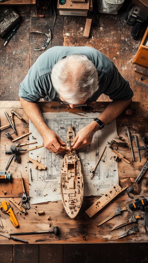 Man Crafts Model Ship Surrounded by Tools in Workshop Stock Photo ...