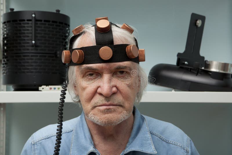 Man Crazy Inventor Wearing a Helmet Brain Research Stock Image - Image ...