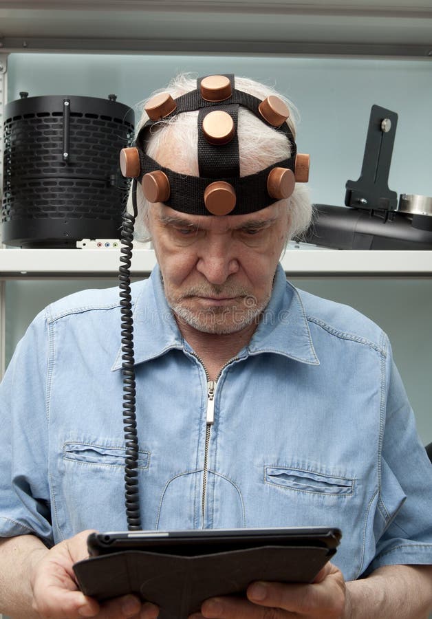 Man Crazy Inventor Wearing a Helmet Brain Research Stock Photo - Image ...