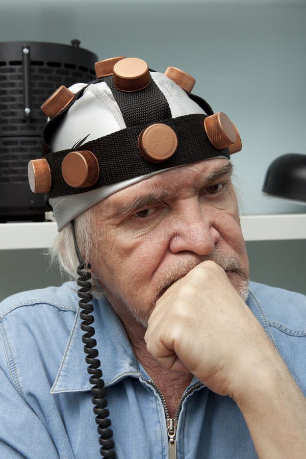 Man Crazy Inventor Wearing a Helmet Brain Research Stock Image - Image ...