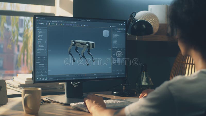 Man Creating 3D Prototype of Robot on Pc Stock Image - Image of model ...
