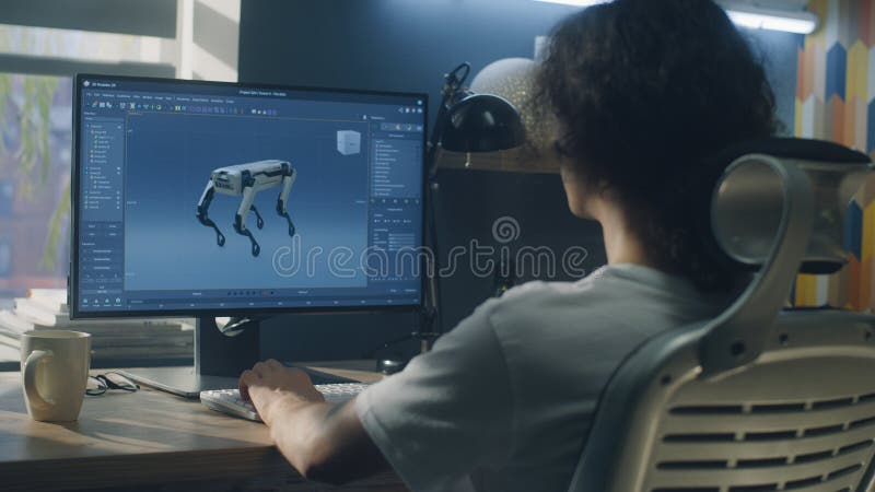 Man Creating 3d Prototype Of Robot On Pc Stock Image Image Of