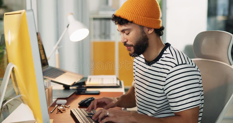 Man, Creative and Typing at Computer with Smile, Digital Animator and ...