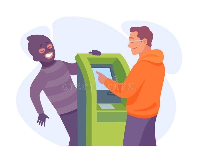 Man Criminal at Bank Terminal Commit Crime and Theft Vector ...