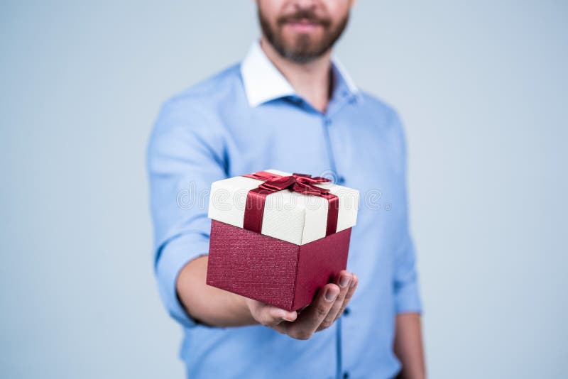 Man Cropped View Gift Present Box Pack Tied with Red Ribbon Selective ...