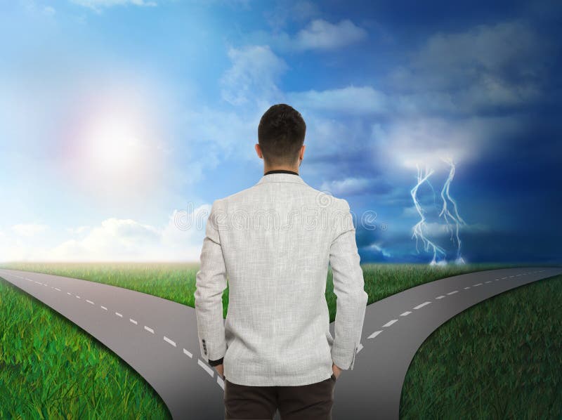 Man at Crossroads Choosing between Sunny and Stormy Ways Stock Photo ...