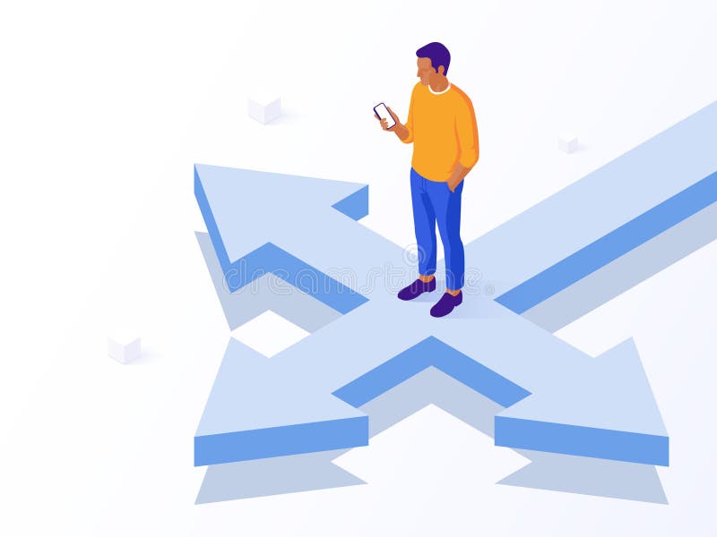Man at Crossroads with Phone, Choosing Business Path. Isometric View of ...