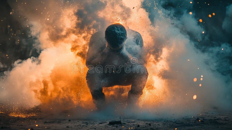 Man Crouching in an Explosion of Orange and Blue Smoke Stock Image ...