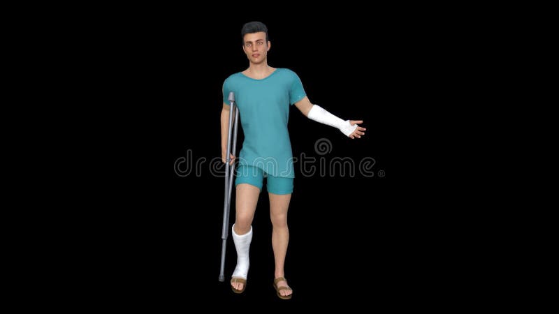 A Man with a Crutch and a Leg in a Cast that Talks about Something ...