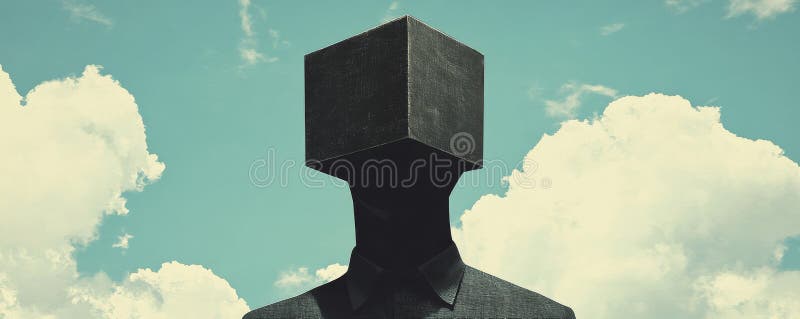 Man with a Cube Head Sculpture Against a Cloudy Sky, Surreal Concept ...