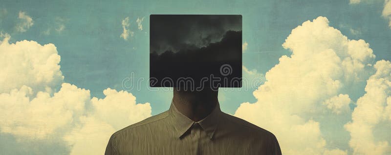 Man with a Cube Head and Stormy Sky Against Cloudy Backdrop, Surreal ...