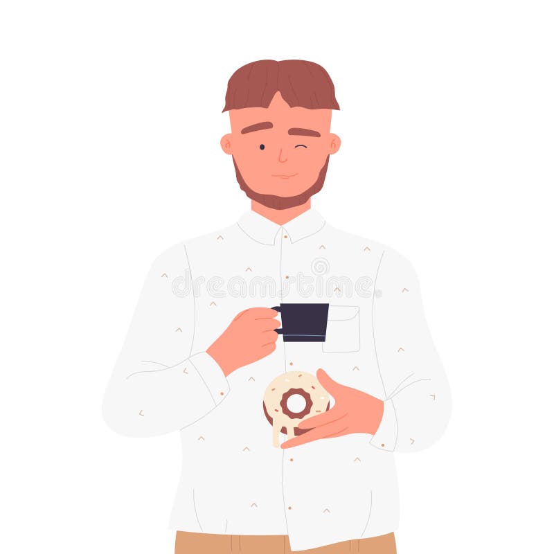 Man with Cup of Coffee and Donut Stock Vector - Illustration of walk ...