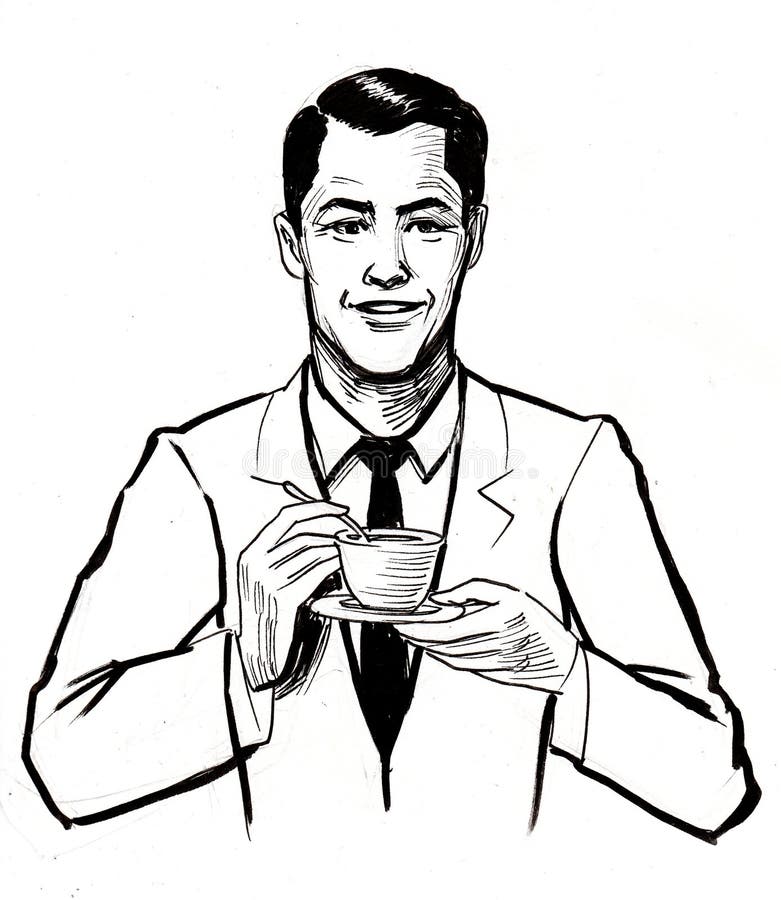 Man with a cup of tea stock illustration. Illustration of suit - 114591561