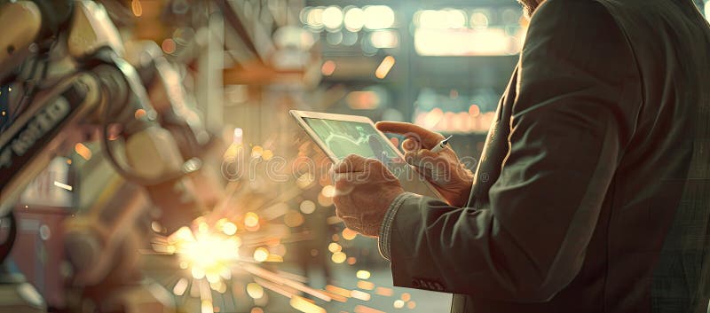 A Man is Diligently Working on a Robotic Arm in a Factory Setting Stock ...