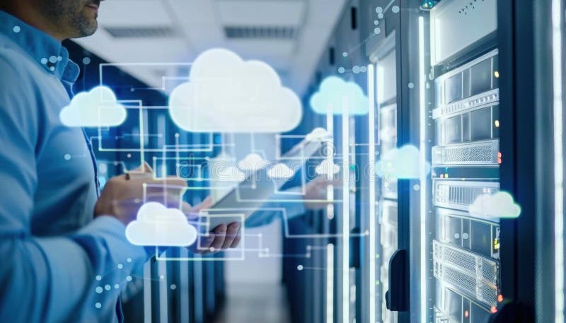 A Man is Currently Present in a Server Room, Utilizing a Tablet Device ...