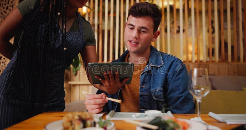 Man, Customer and Waitress with Tablet at Restaurant for Menu, Order ...