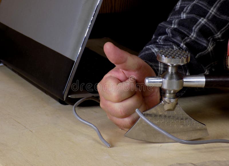 The Man Cut the Cable with an Ax and Shows that it is Good. Stock Image ...