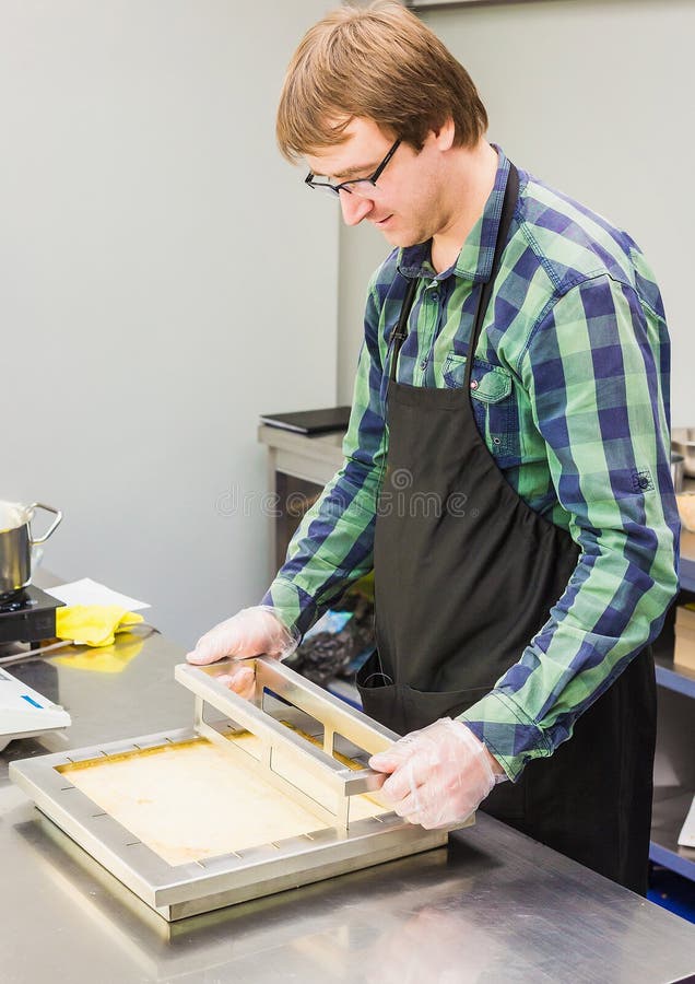 A Man Cut the Cake Napoleon Pastry Stock Photo - Image of dessert ...