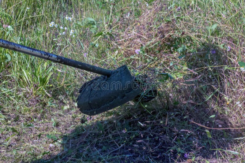 A Man Cuts and Mows the Grass. Grass Cutting Work Stock Image - Image ...