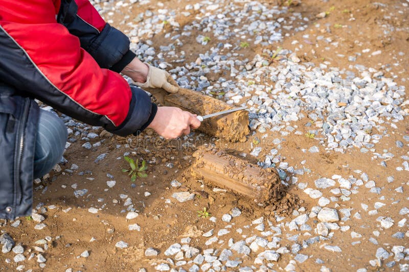 Man Cutting and Cleaning Soil Sample for Laboratory Analysis ...